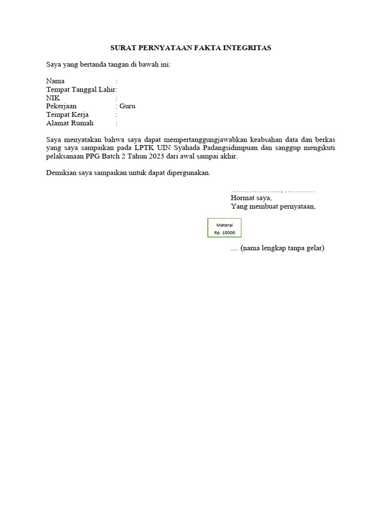 Surat Pernyataan Fakta Integritas - PPG Ftik Uin Syahada ... Surat Pernyataan Fakta Integritas - PPG Ftik Uin Syahada ...
