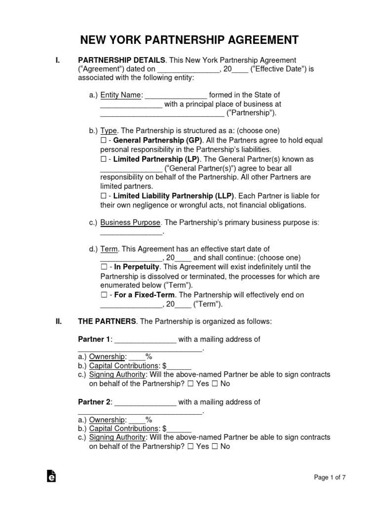 New York Partnership Agreement Template | PDF | Partnership | Limited ...