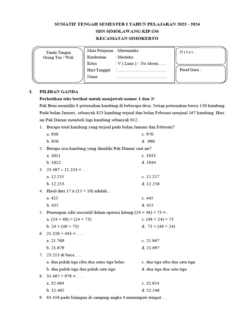 Sumatif MTK Kelas 5 | PDF