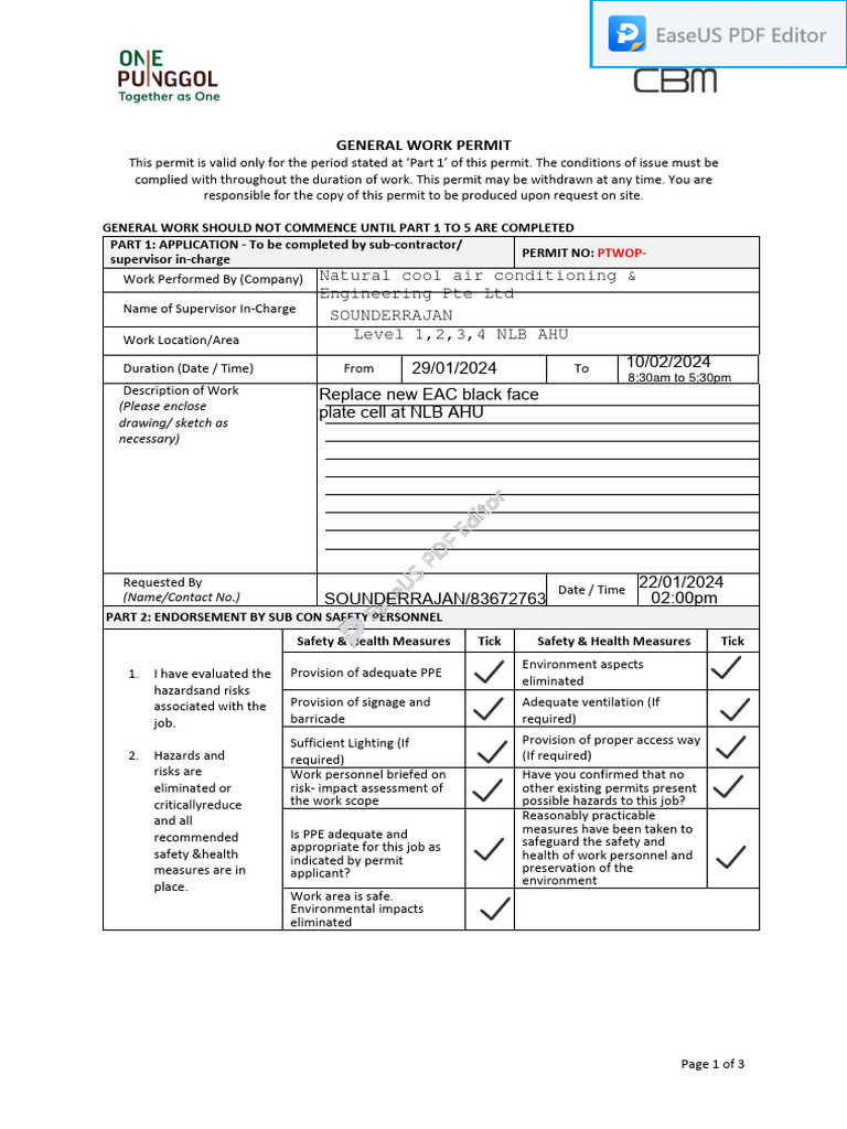 One Punggol - General Work Permit Form | PDF | Personal Protective Equipment | Labor Relations