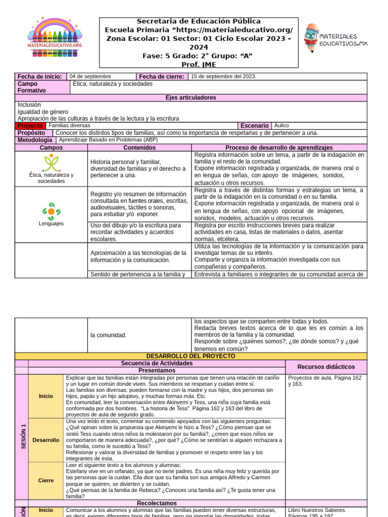 Planeación 2 Do Grado Familias Diversas | PDF | Aprendizaje