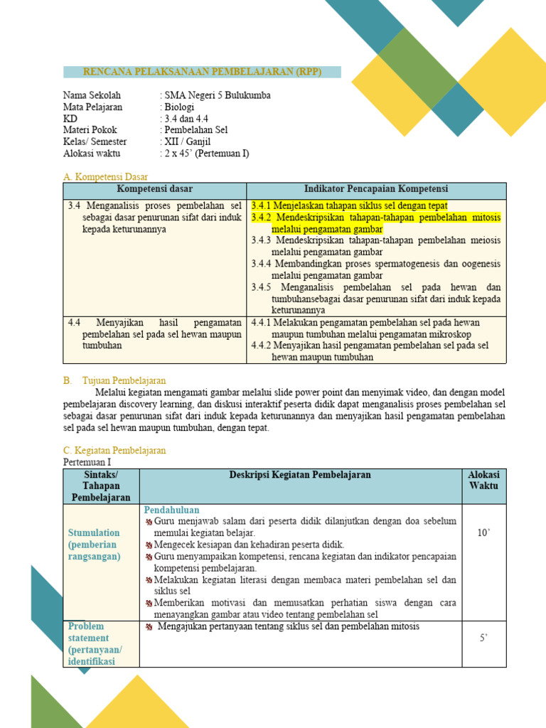 Rencana Pelaksanaan Pembelajaran (RPP) : A. Kompetensi Dasar | PDF