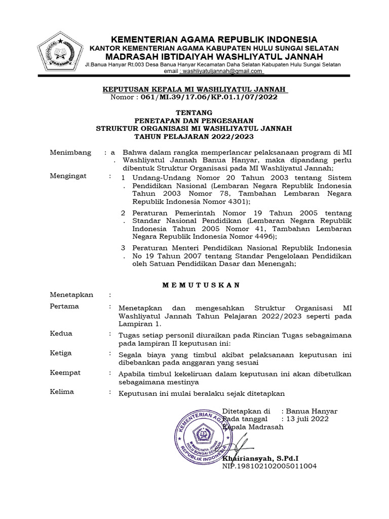 5) - Dokumen Penetapan Pengesahan Susunan Organisasi Madrasah | PDF