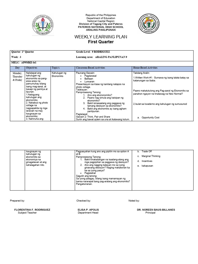 Rodriguez WLP Quarter 1 Week 2 Grade 9 | PDF