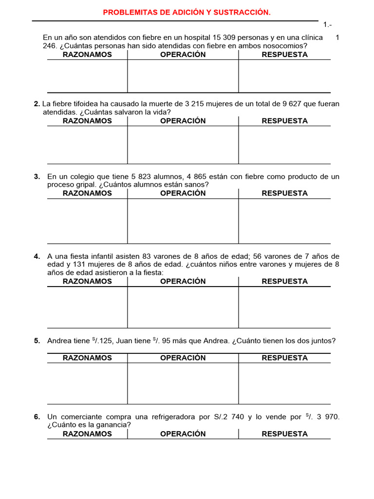 Problemas de Adicion y Sustraccion 3ro de Primaria | PDF | Astronáutica ...