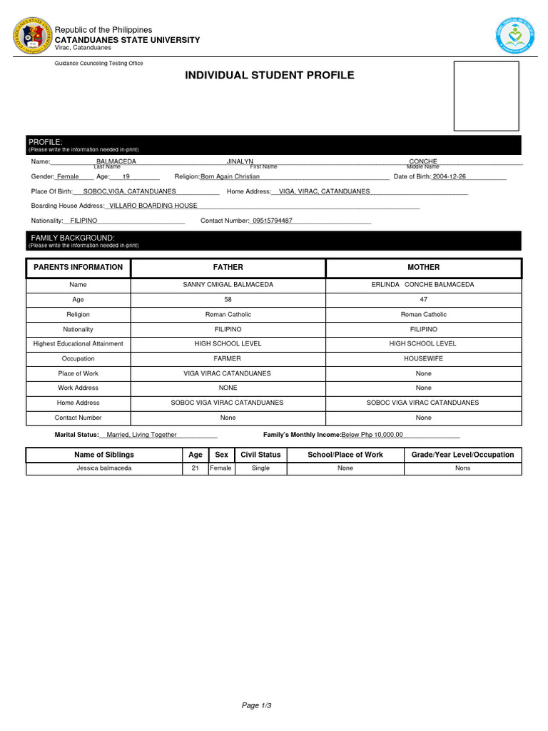 Individual Student Profile: Catanduanes State University | PDF ...