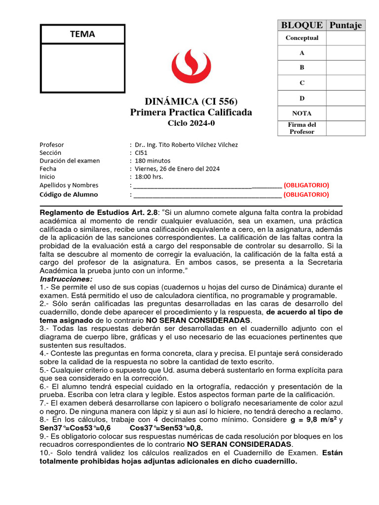 PC1 CI51 Dinamica UPC 2024 0 PDF | Descargar gratis PDF | Velocidad | Aceleración