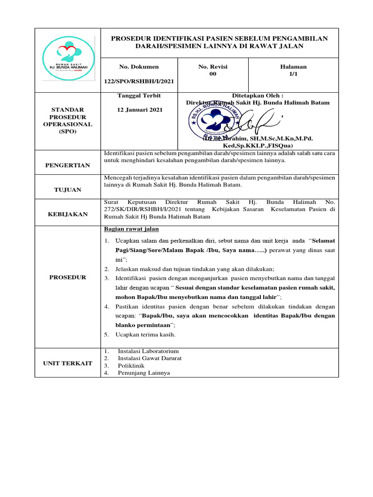SKP 1 EP D SOP PROSEDUR IDENTIFIKASI PASIEN SEBELUM PENGAMBILAN DARAH SPESIMEN LAINNYA DI RAWAT ...