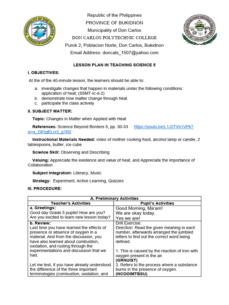Lesson Plan in Teaching Science 5 | PDF | Heat | Ice