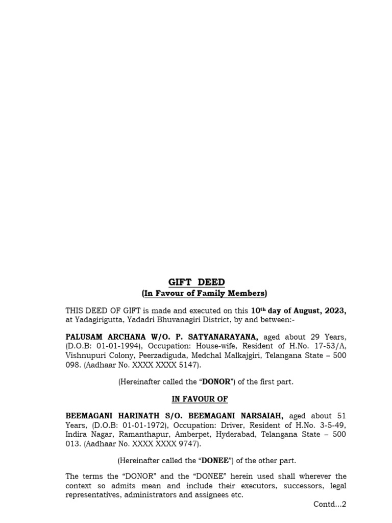 Family Gift Deed Template in Telangana | PDF | Law