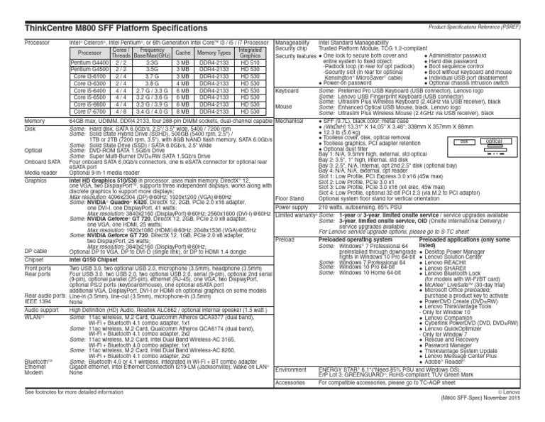 ThinkCentre M800 SFF Spec | PDF | Solid State Drive | Computer Hardware