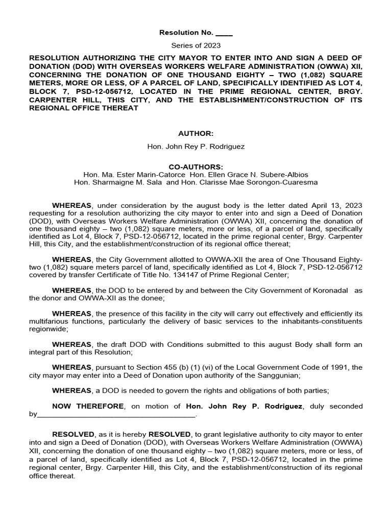 Resolution On Deed of Donation For Owwa Xii | PDF | Government | Justice