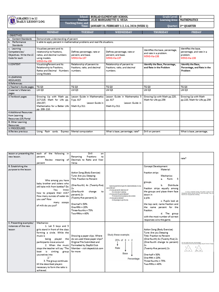 DLL - Mathematics 5 - Q3 - W1 | PDF | Percentage | Numbers