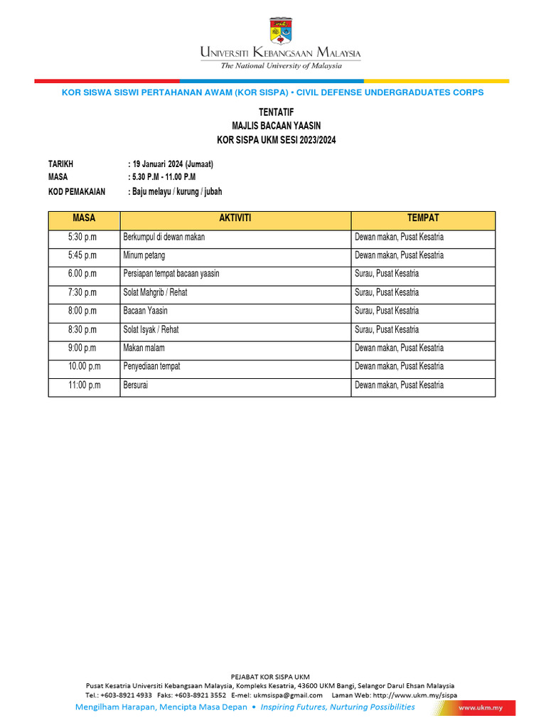 Tentatif Majlis Bacaan Yaasin Kor Sispa Ukm | PDF