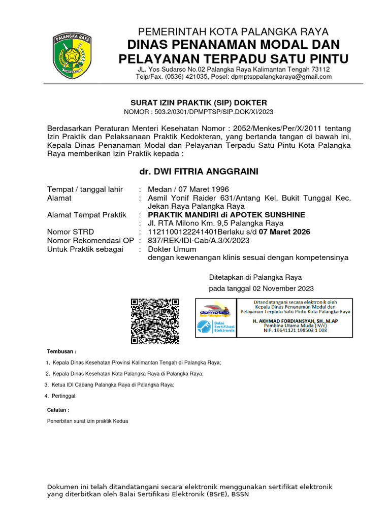 SK Izin Signed - 0304 - Sip - Dok - X - 2023 - Dr. Dwi Fitria Anggraini ...