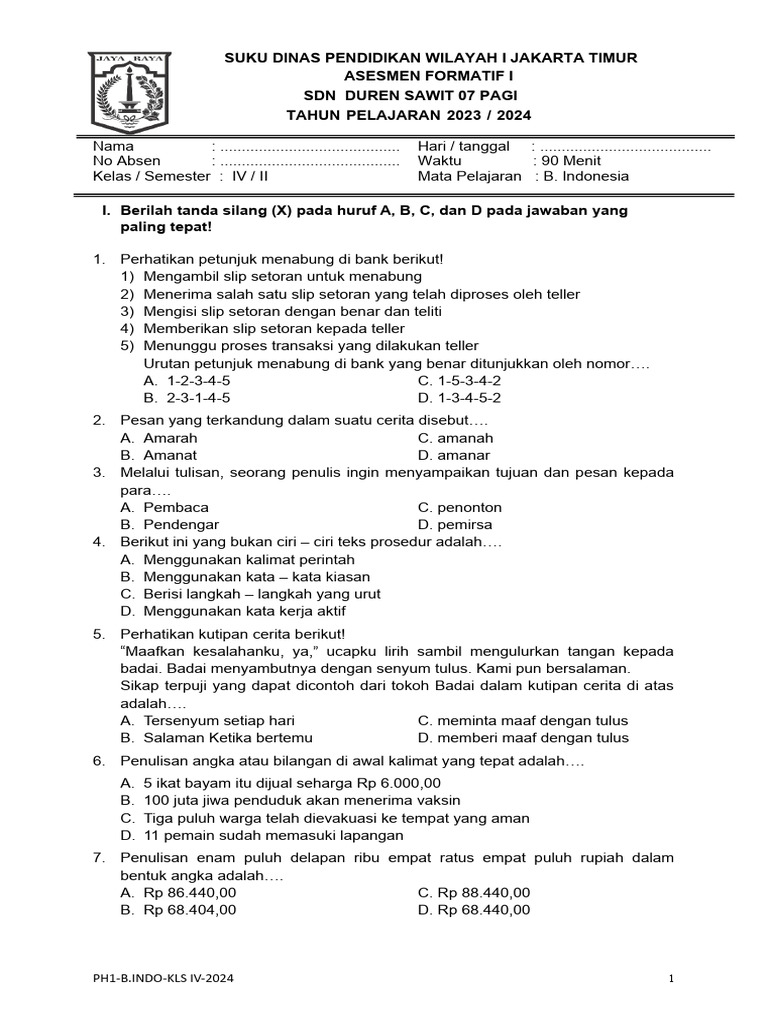Soal PH 1 B.indonesia KLS Iv Semester 2 | PDF | Perjalanan | Kajian Bahasa Asing