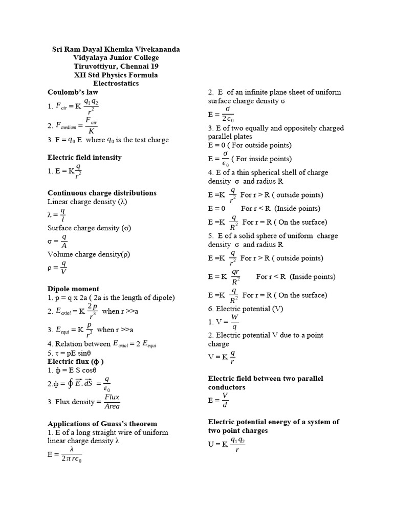 Xii Physics Formula | PDF