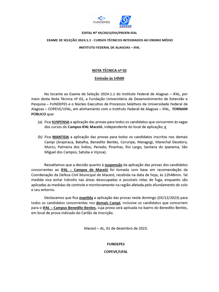 Nota Tecnica 2 - Suspensao Provas Candidatos Ao Campus Maceio e Manutencao Demais Campi | PDF