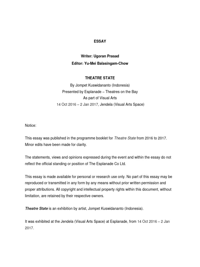 Essay - Ugoran Prasad For Theatre State by Jompet Kuswidananto | PDF
