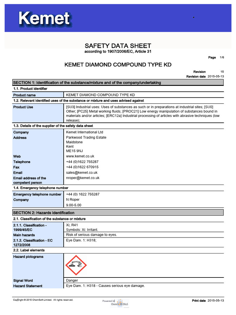 Kemet KD Diamond Compound SDS | Download Free PDF | Waste Management ...
