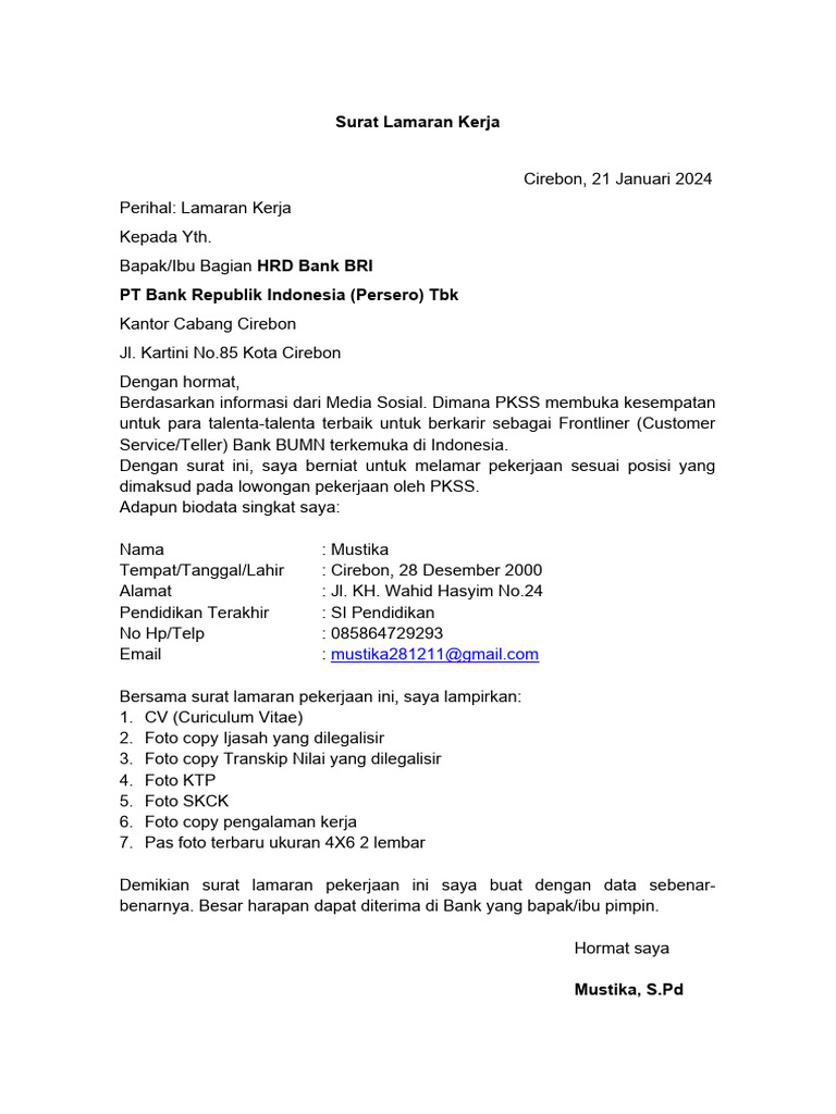Lamaran Kerja Frontliner Bank BRI | PDF