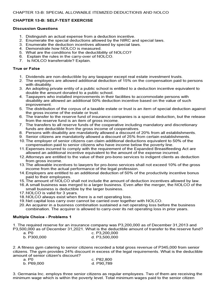 Chapter 13B - Special Allowable Itemized Deductions and Nolco | PDF ...