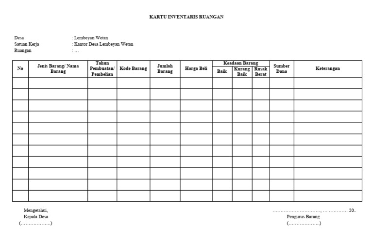 Contoh Format Kartu Inventaris Ruangan | PDF