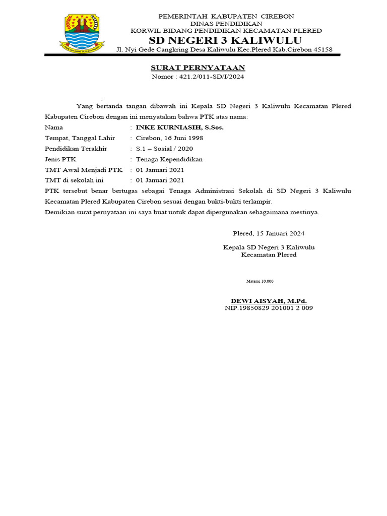 Contoh Surat Pernyataan PTK | PDF