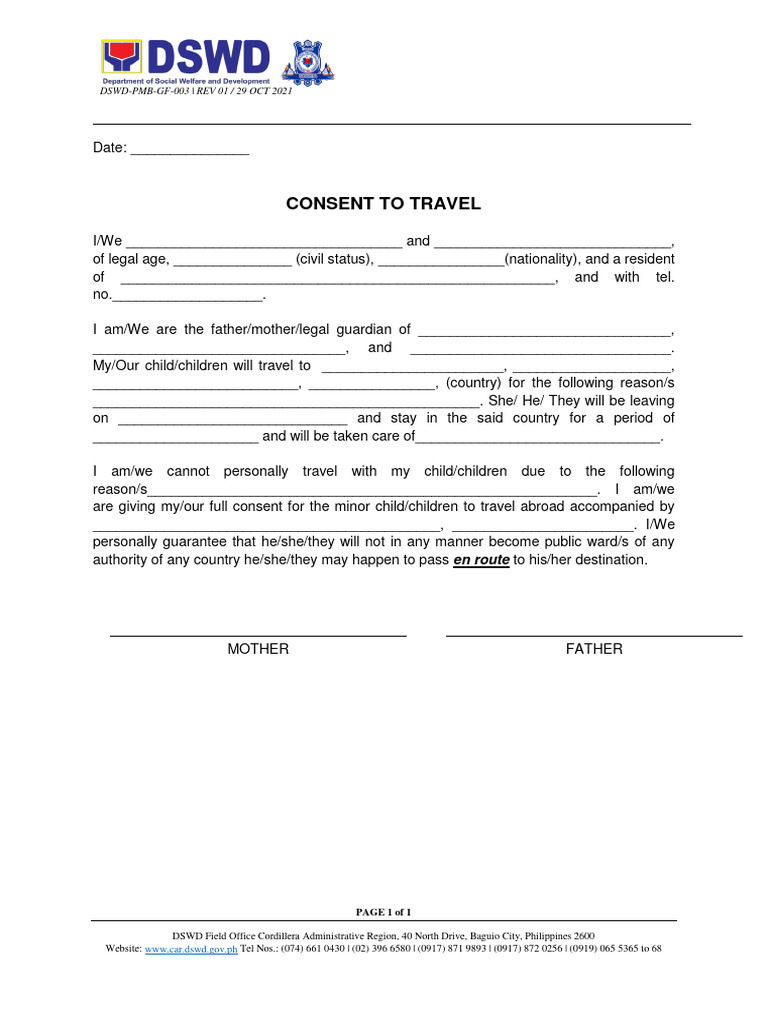 DSWD Travel Consent Form for Minors | PDF | Finance & Money Management