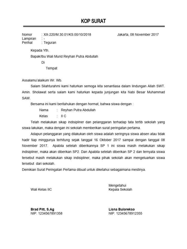 Surat Teguran Siswa - SP1 | PDF