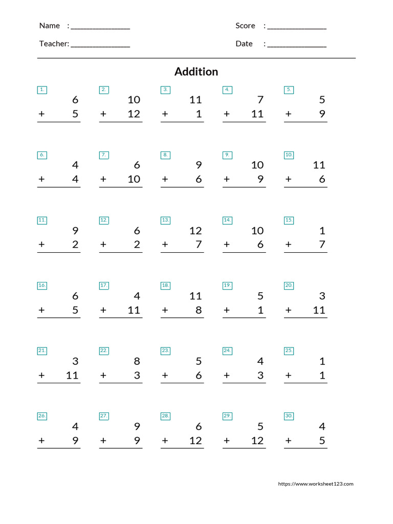 Worksheet Addition 100 Problems From 1 To 12 | PDF