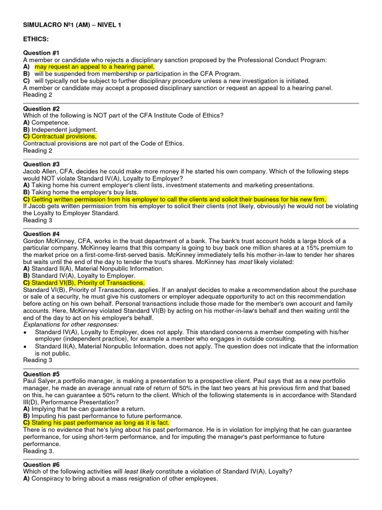 CFA Ethics Exam Practice Questions | PDF | Variance | Discounting
