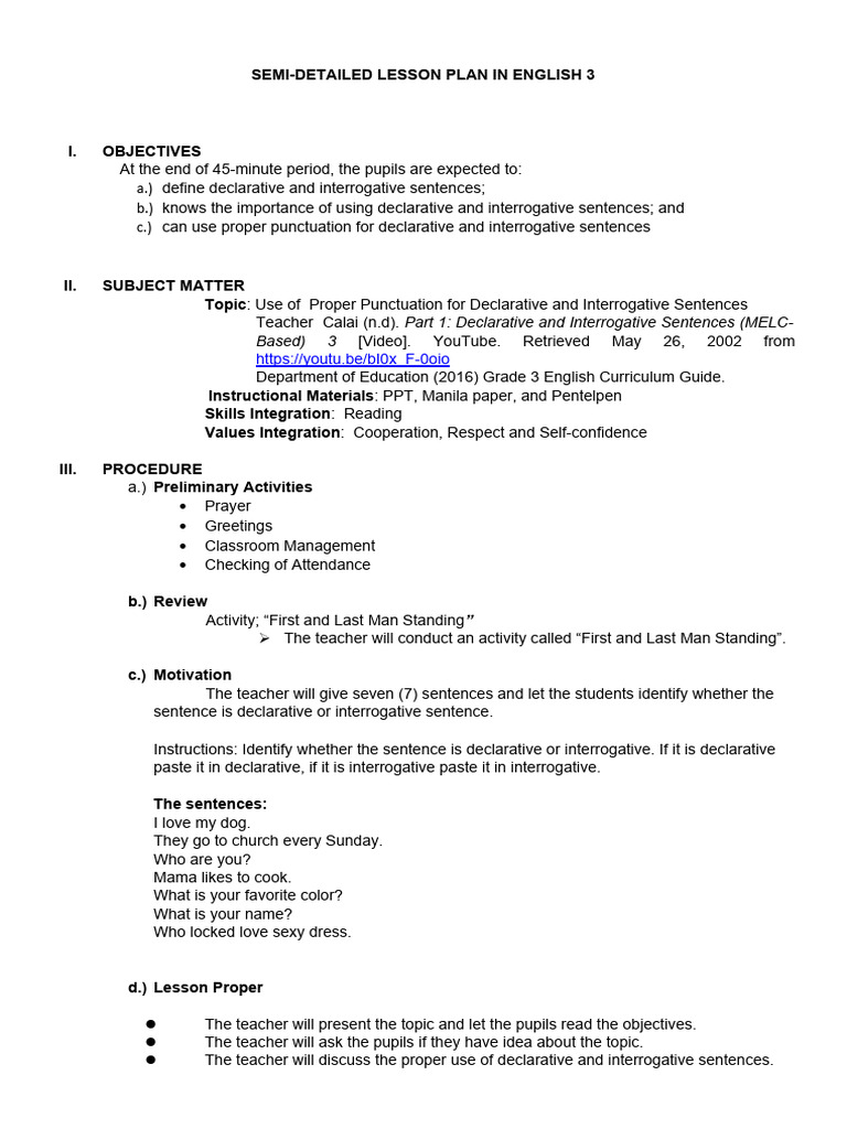 Declarative and Interrogative Sentences Lesson | PDF | Question | Teachers
