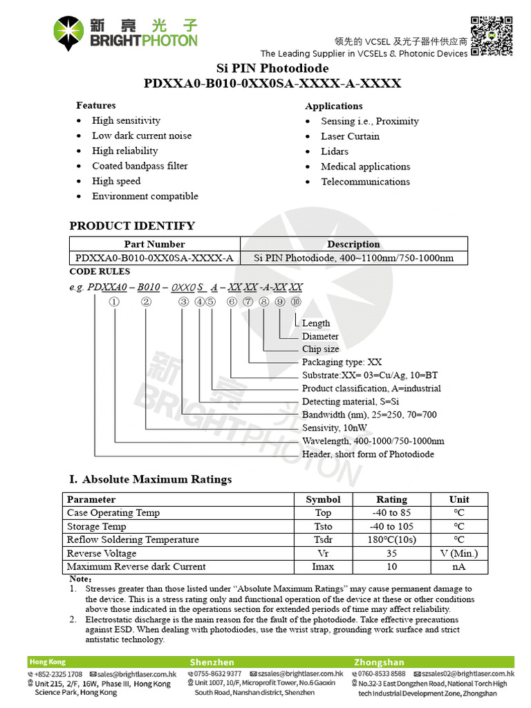 BrightPhoton - PD - PDXXA0-B010-0XX0SA-XXXX-A-XXXX Spec V.03 | PDF | Electrostatic Discharge ...