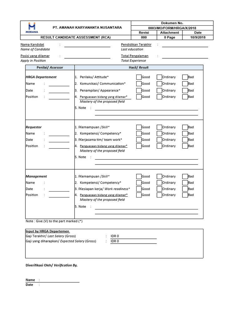 MO Form HRGA 0003 Result Candidate Assessment | PDF