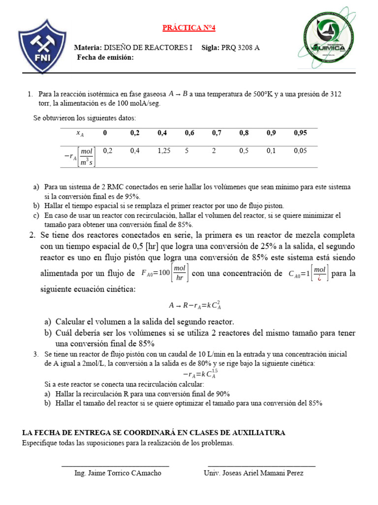 Practica 4 Diseño de Reactores | PDF | Ciencias fisicas | Química