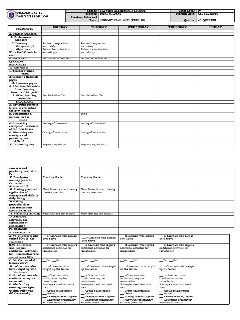 DLL Periodical-Test - Q2 W10 | PDF | Learning | Teaching