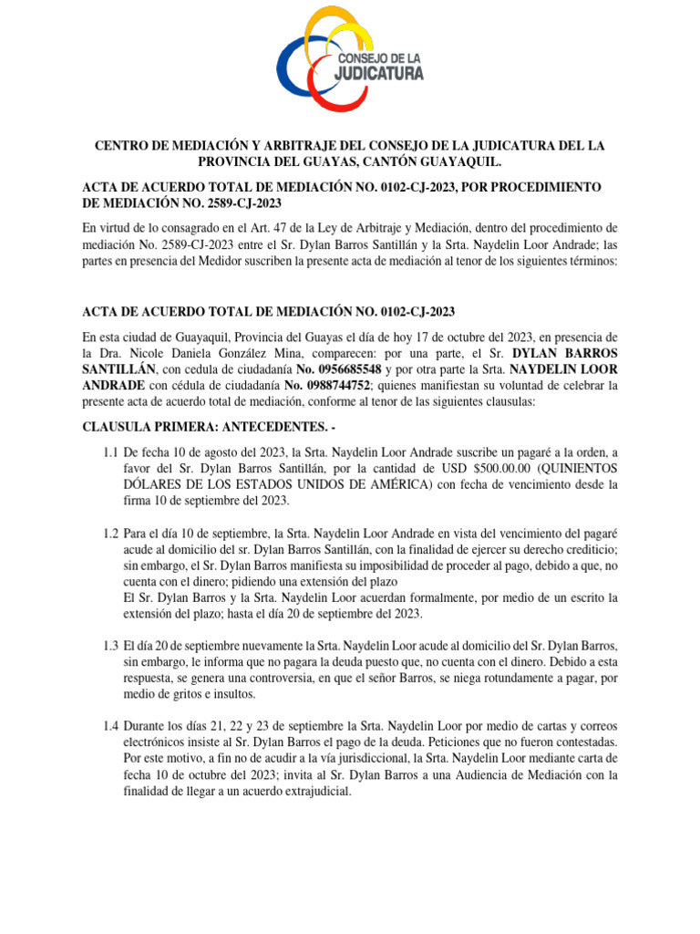 Acta de Mediacion. | PDF | Mediación | Resolución de conflictos