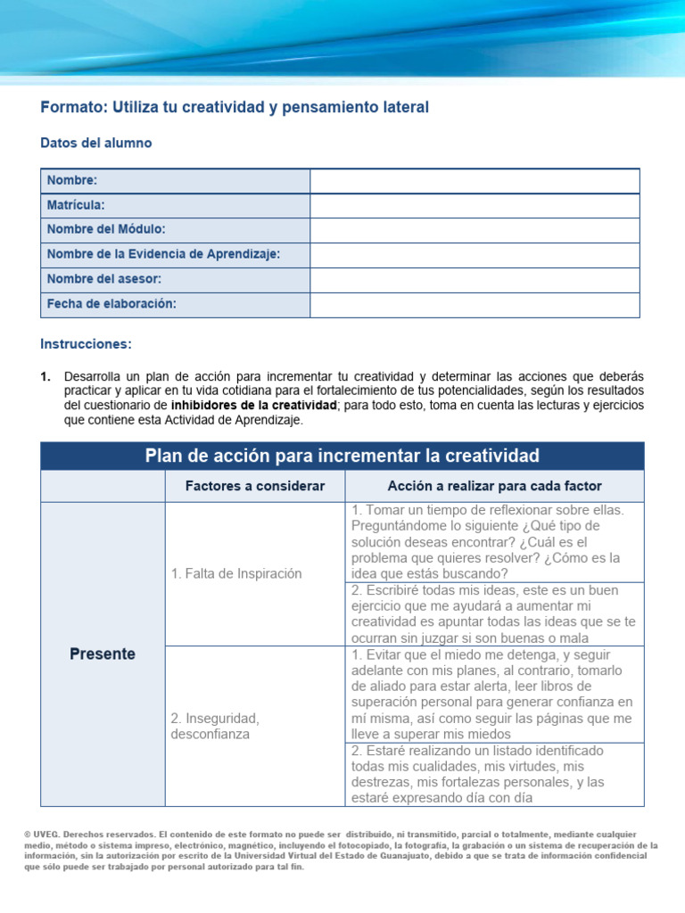 Formato: Utiliza Tu Creatividad y Pensamiento Lateral: Plan de Acción para Incrementar La ...