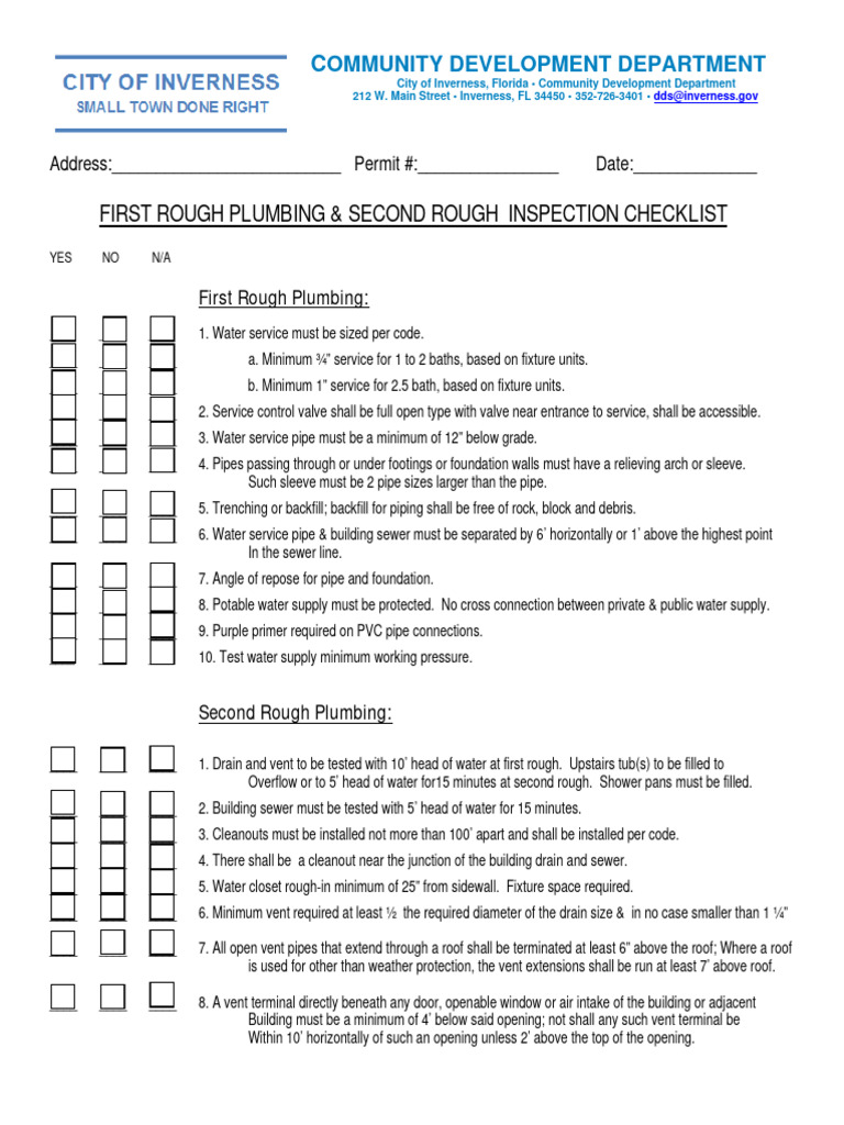 First Rough Plumbing and Second Rough Plumbing Inspection Checklist ...