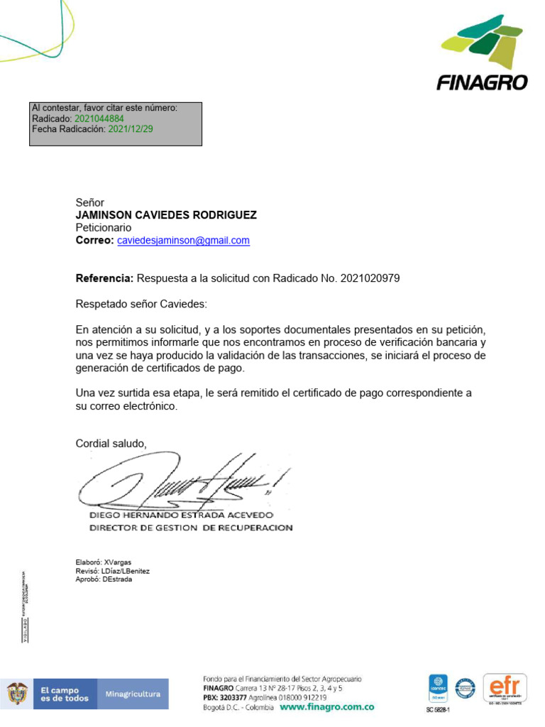 Respuesta a solicitud de Jaminson Caviedes | PDF