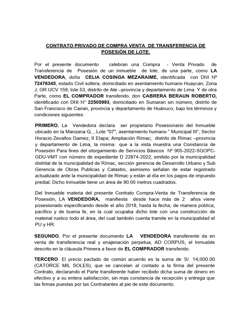 CONTRATO DE VENTA DE POSESION DE TERRENO DE Zosimo Nuñez 1 | PDF