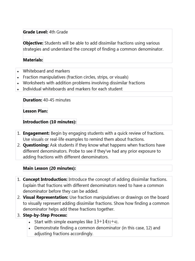 Grade Level: 4th Grade Objective: Students Will Be Able To Add ...