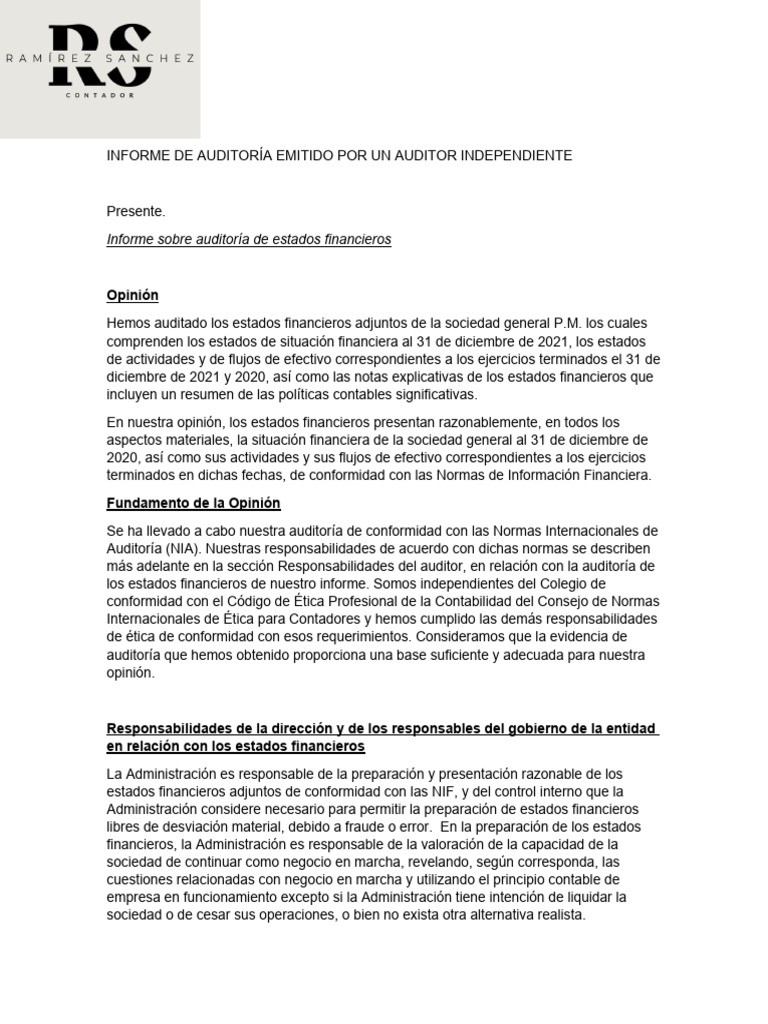 Informe de Auditoría Emitido Por Un Auditor Independiente | Descargar gratis PDF | Auditoría ...