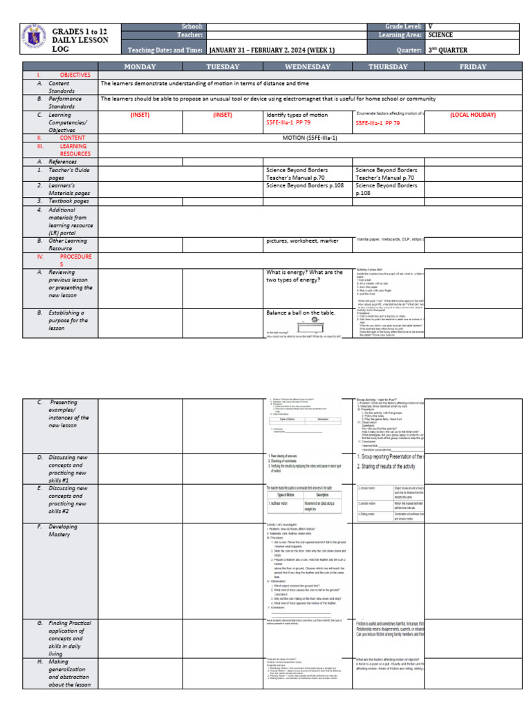 DLL - Science 5 - Q3 - W1 | PDF | Learning | Teachers