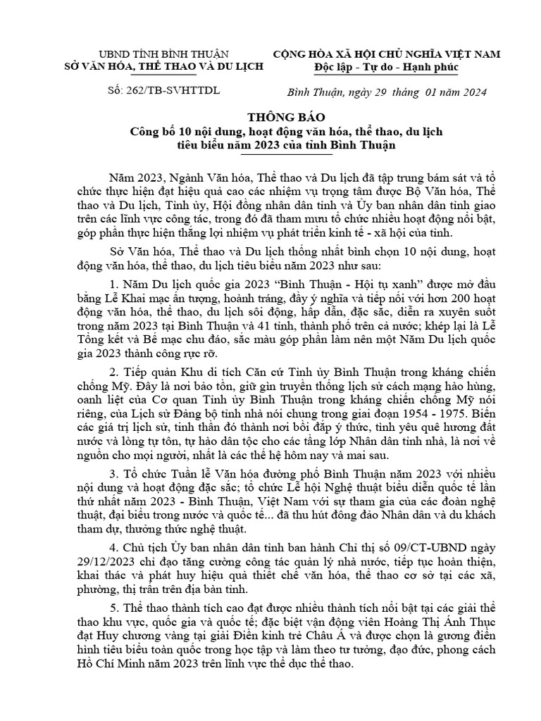 Binh Thuan Cong Bo Cac Hoat Dong Tieu Bieu Nam 2023.signed - Signed | PDF