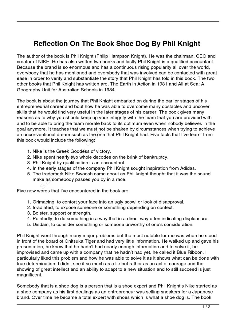Reflection On The Book Shoe Dog by Phil Knight | PDF