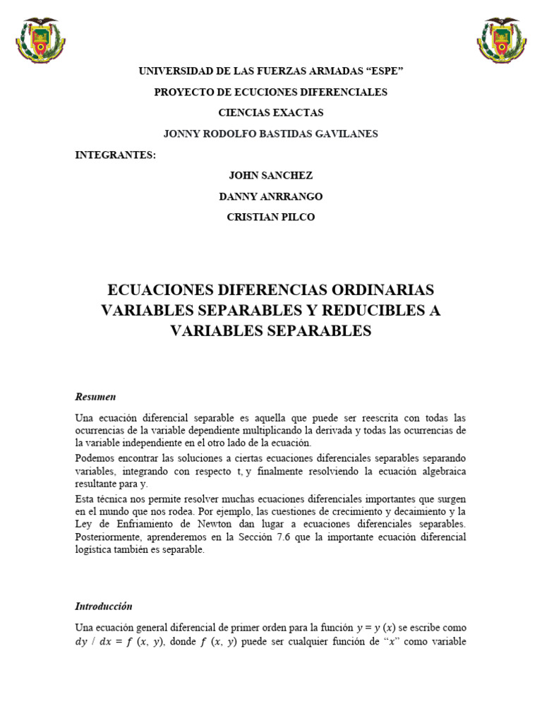 Informe Proyecto de Edo | PDF | Ecuaciones | Ecuaciones diferenciales