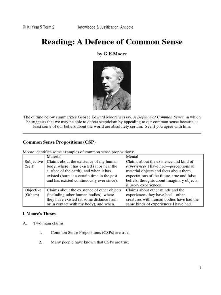 Reading. Moore. A Defence of Common Sense | PDF | Knowledge | Certainty