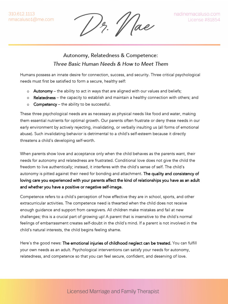 Three Basic Human Needs - Autonomy, Relatedness, and Competence | PDF ...